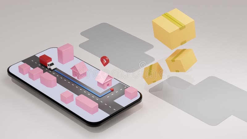 The Red Truck and Map on the Mobile Phone Screen with Falling Parcel ...