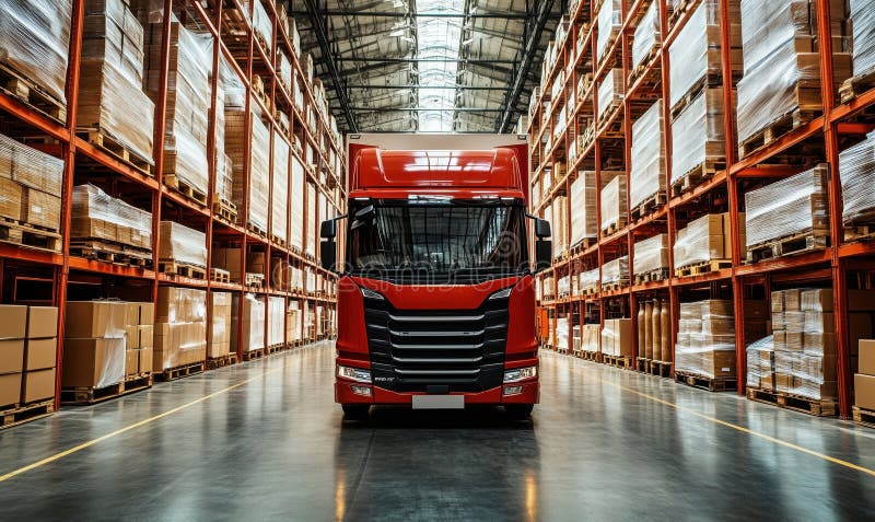 Red Truck in Modern Warehouse with Stacked Pallets and Organized ...
