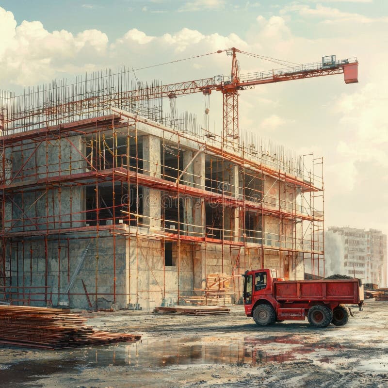 Red Truck Parked in Front of a Building Undergoing Construction with ...