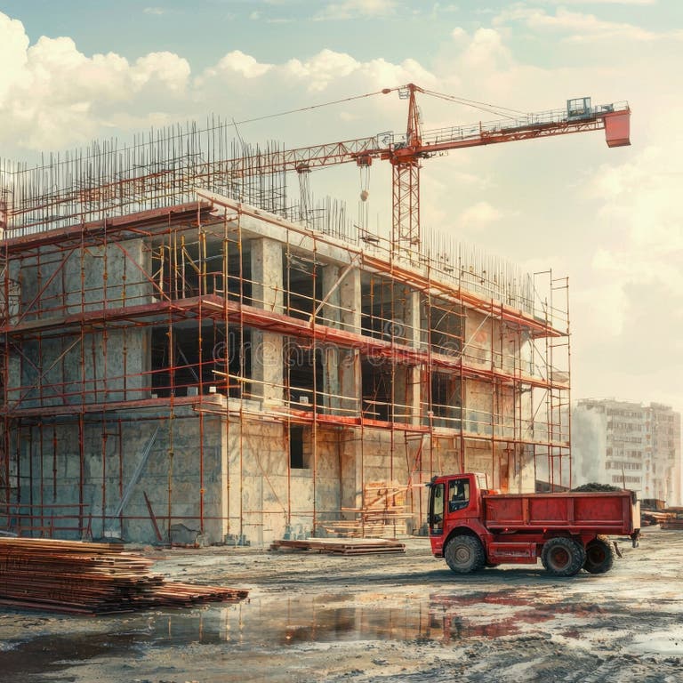 Red Truck Parked in Front of a Building Undergoing Construction with ...