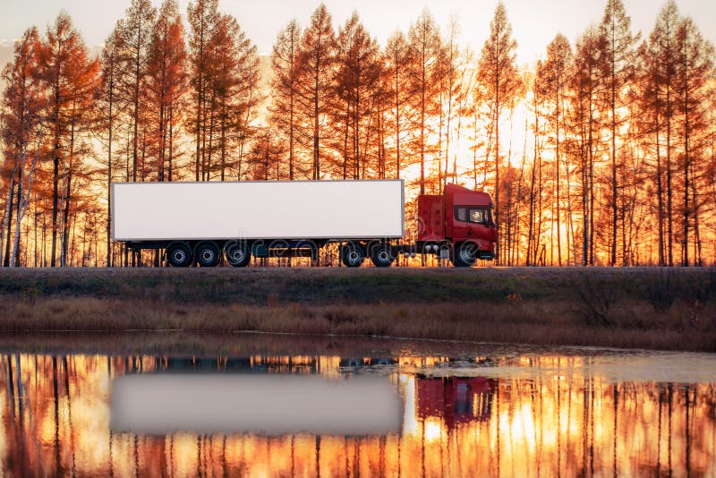 Red Truck on a Road at Sunset Stock Photo - Image of dynamic, evening ...