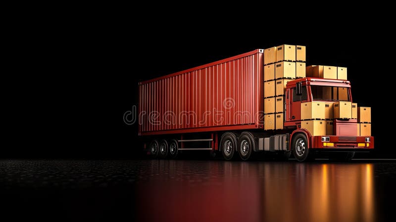 A Red Truck is Shown Transporting Cargo Containers Set Against a Dark ...