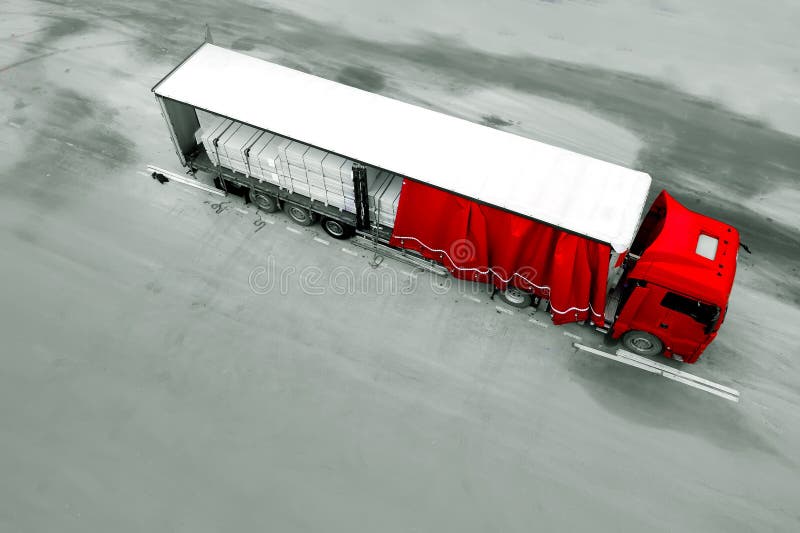 Red Truck at the Stage of Loading Cargo Top View Stock Photo - Image of ...