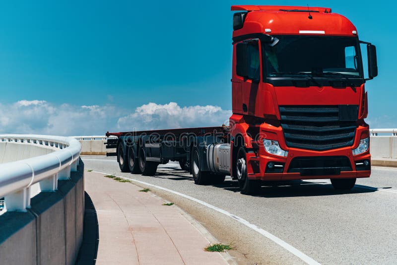 Red Truck without Trailer Driving on a Bridge Stock Image - Image of ...
