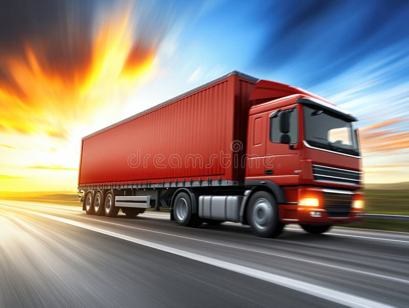 Red Truck Transporting Cargo on Highway at Sunset Stock Image - Image ...