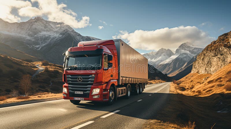 A Red Truck Vehicle with Container on Highway Driving on a Road Stock ...
