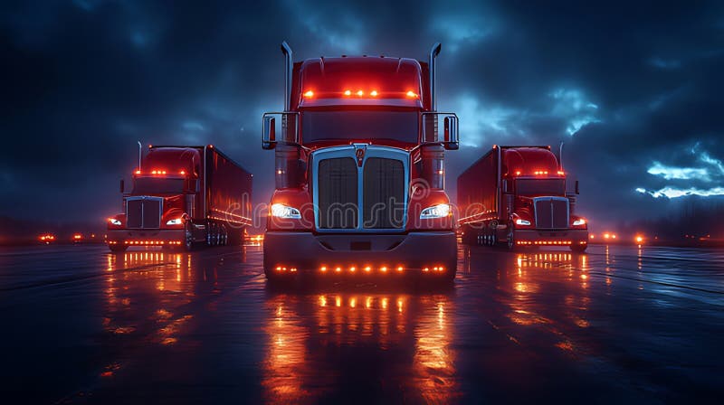 Red Trucks Convoy Night Highway Reflection Transport Stock Illustration ...