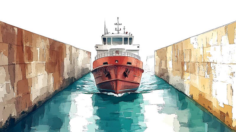 Red Tugboat Navigating a Canal Lock Stock Illustration - Illustration ...