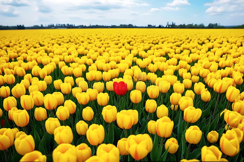 Red Tulip Standing Out in Vast Yellow Field Stock Illustration ...