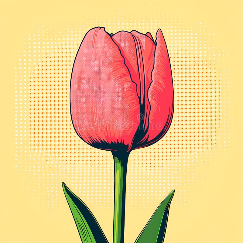 Red Tulip on Yellow Background with Halftone Dots. Stock Illustration ...