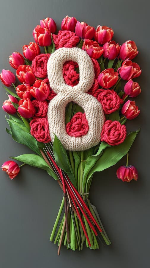 Red Tulips Arranged Alongside a White Knitted Infinity Symbol Stock ...