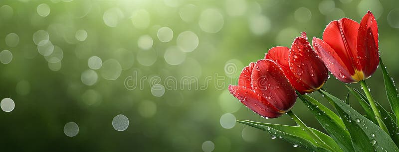 Red Tulips are Captured in Sharp Focus, Displaying Dew Drops on Their ...
