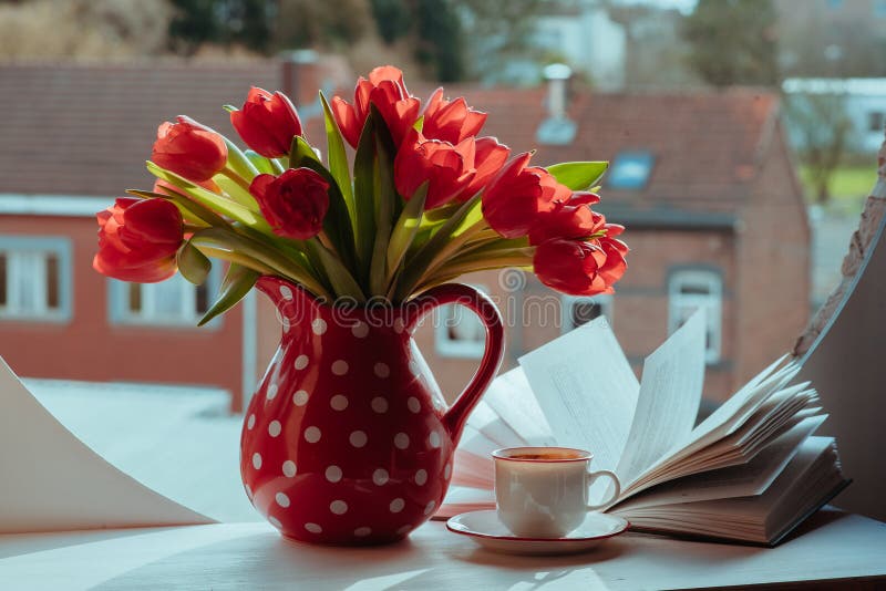 Red Tulips and Cup of Coffee Stock Photo - Image of coffee, bouquet ...