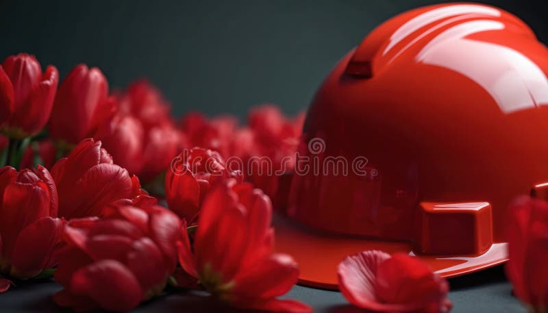 Red Tulips Flank Shiny Red Hard Hat, Appreciation for Construction ...