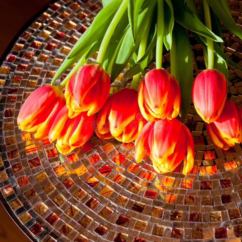 Red Tulips on Mosaic Table. Stock Photo - Image of pink, elegance: 34232228