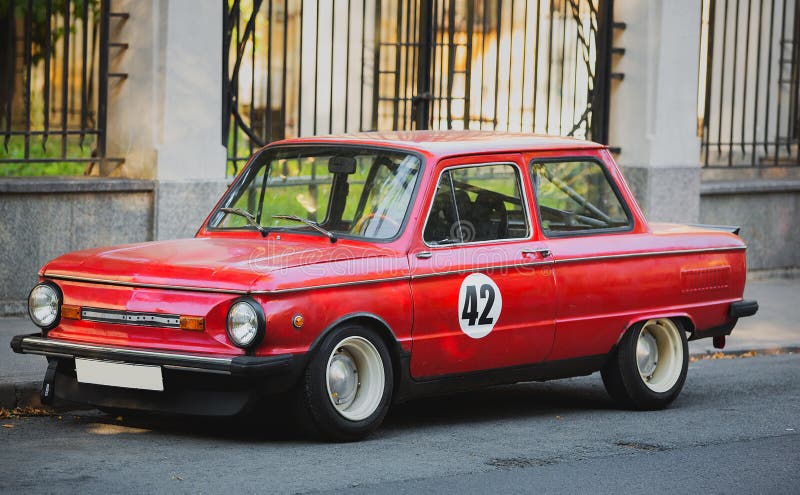 Red Tuned Retro Car Parked on the Road Stock Image - Image of bumper ...