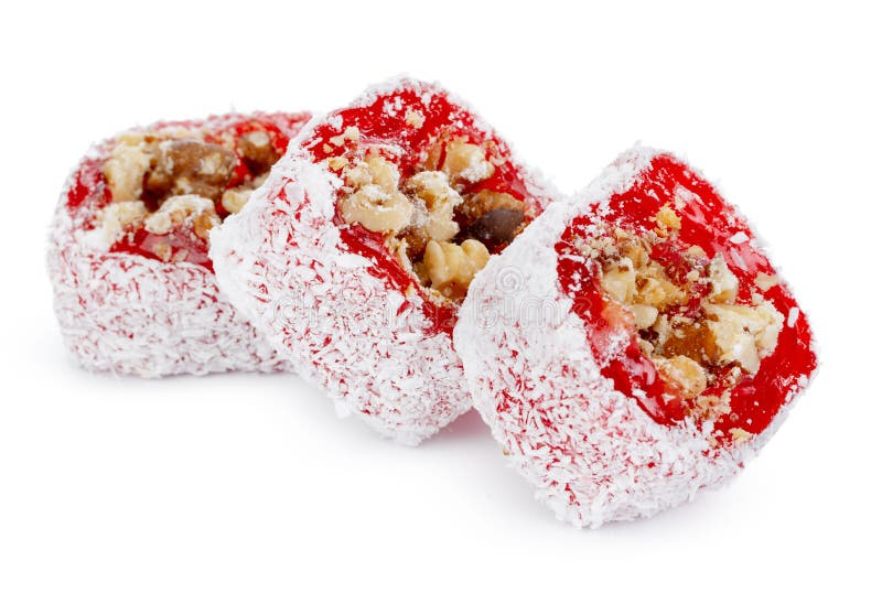 Red Turkish Delight with Nuts in Powdered Sugar Isolated on White Stock ...
