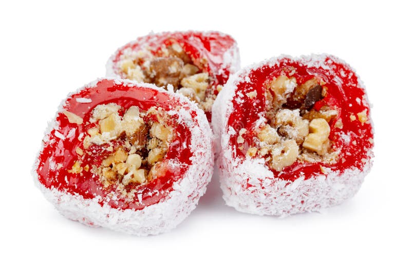 Red Turkish Delight with Nuts in Powdered Sugar Isolated on White Stock ...