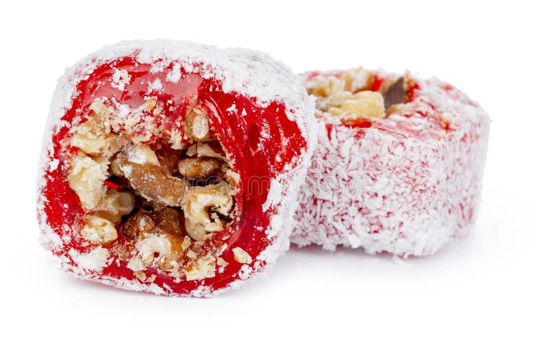 Red Turkish Delight with Nuts in Powdered Sugar Isolated on White Stock ...