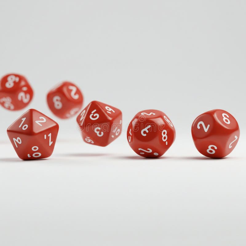 Red Twenty-sided Dice with White Numbers are Tumbling Across a Light ...