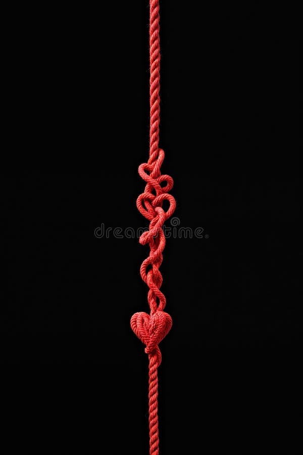 Red Twisted Rope with Heart Knots on Black Background Stock ...