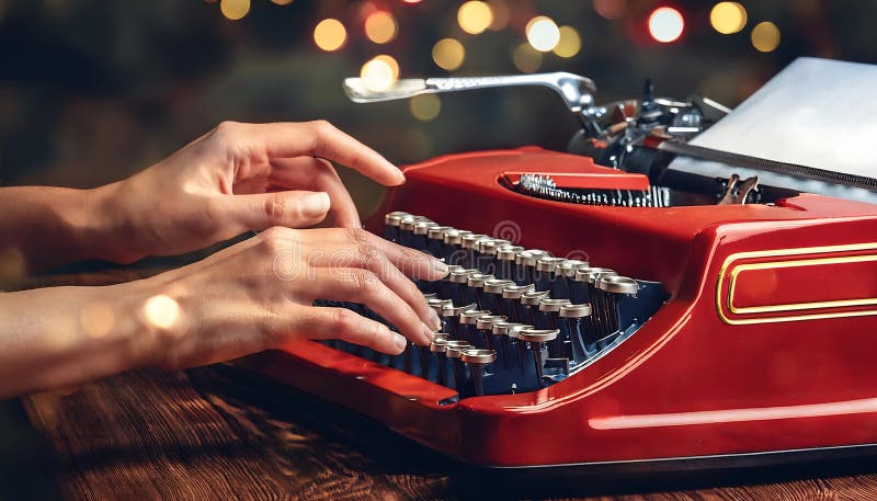 A Red Typewriter with Two Hands Pressing the Keys Stock Illustration ...