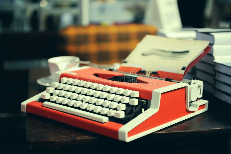 Red Typewriter on Wooden Table Stock Image - Image of machine, book ...