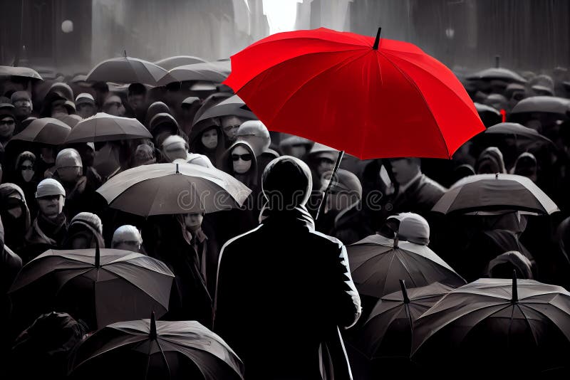 Red Umbrella in a Crowd of Black One. Individuality Concept. Generative ...
