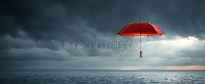 The Red Umbrella Floating Above the Ocean Under Stormy Skies. AI ...