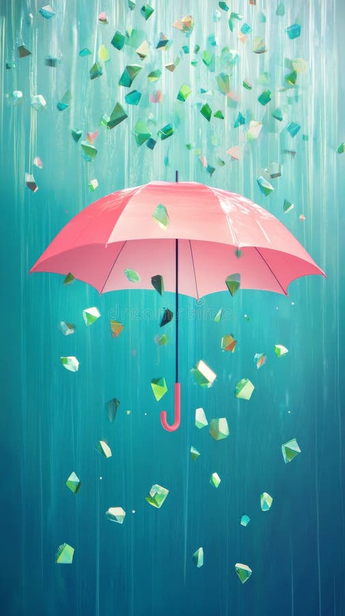 Red Umbrella with Floating Green Polygons on Teal Background, Surreal ...
