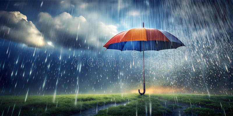 A Red Umbrella is Open in the Rain. the Scene is Dramatic and ...