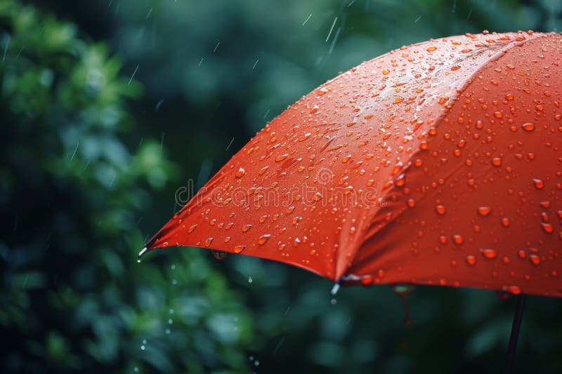 A Vibrant Red Umbrella Glistening with Raindrops Amidst a Gentle ...