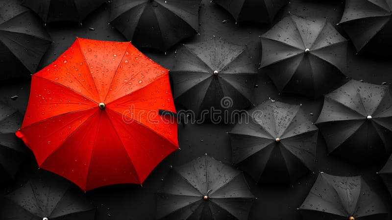 A Red Umbrella Surrounded by Black Umbrellas with Water Droplets on ...