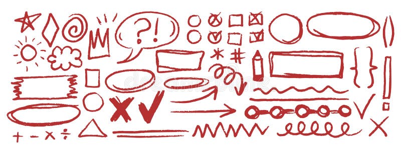 Red Underline Doodle Pencil Hand Drawn Elements Set. Grunge Line ...
