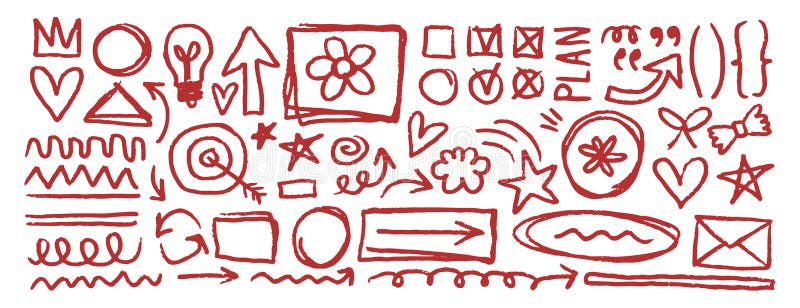 Red Underline Doodle Pencil Hand Drawn Elements Set. Grunge Line ...