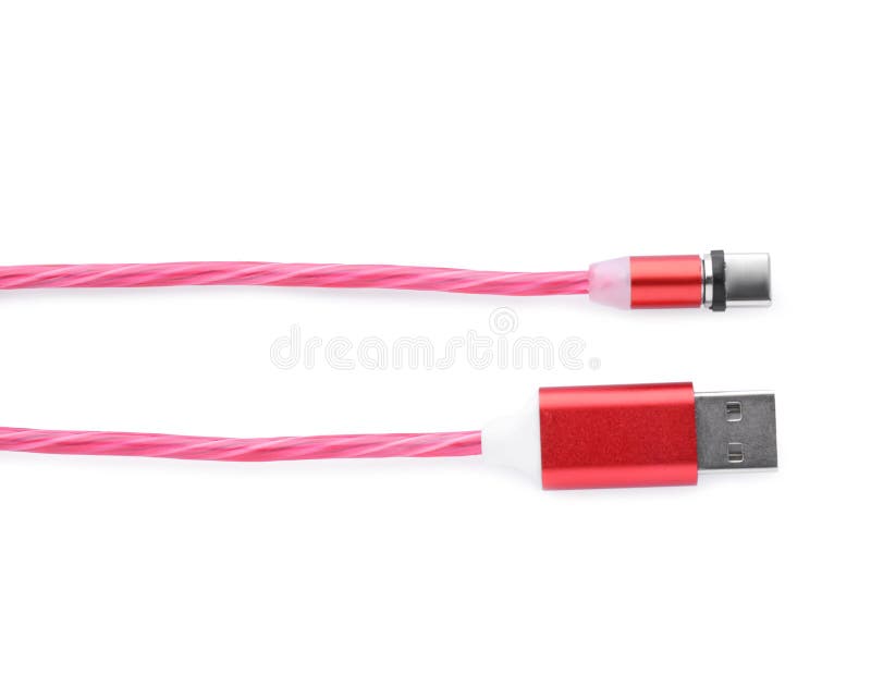 Red USB Cable with Type C Connector Isolated on White, Top View Stock ...