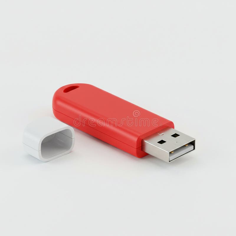 A Red USB Flash Drive Lies on a White Surface, with Its Cap Removed ...