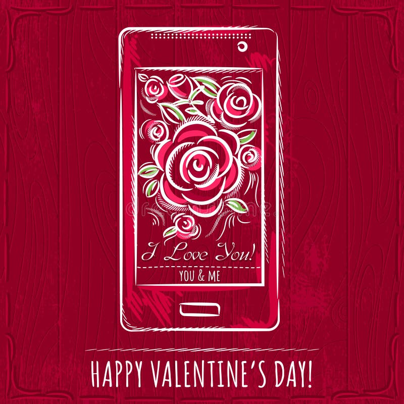 Red Valentine Card with Smartphone and Roses Stock Vector ...