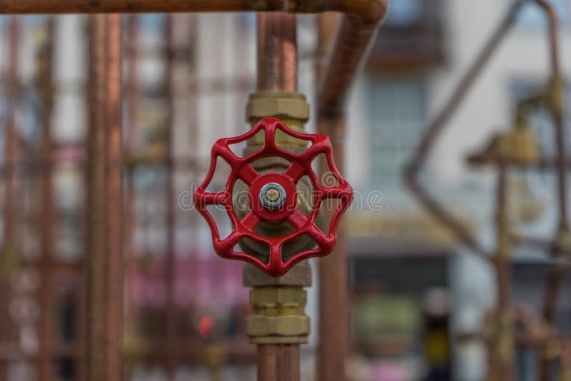 Red Valve on Copper Pipe Construction in Outdoor Stock Photo - Image of ...