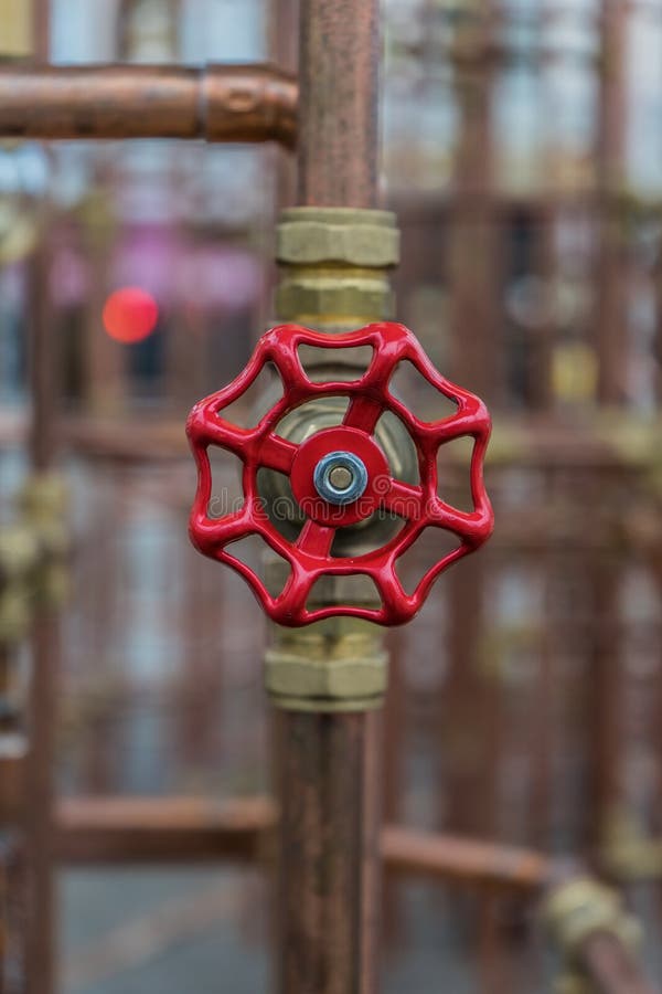 Red Valve on Copper Pipe Construction in Outdoor Stock Photo - Image of ...