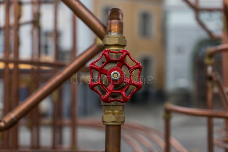 Red Valve on Copper Pipe Construction in Outdoor Stock Photo - Image of ...