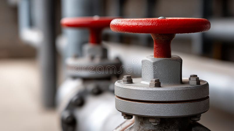 Red Valves Controlling Industrial Pipeline Network, Regulating Fluid ...