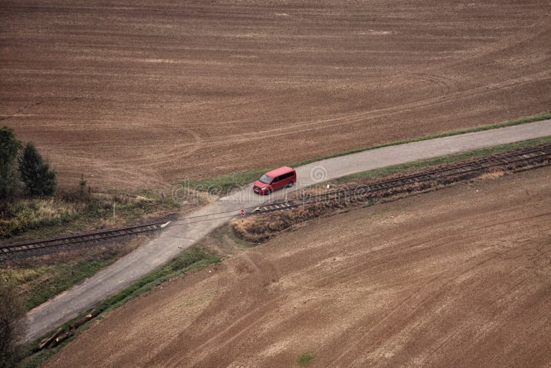 Red Van Crossing Railway in Fields Stock Photo - Image of abandoned ...