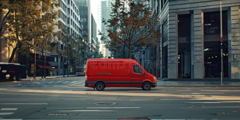 A Red Van Driving Down a City Street. Suitable for Transportation ...