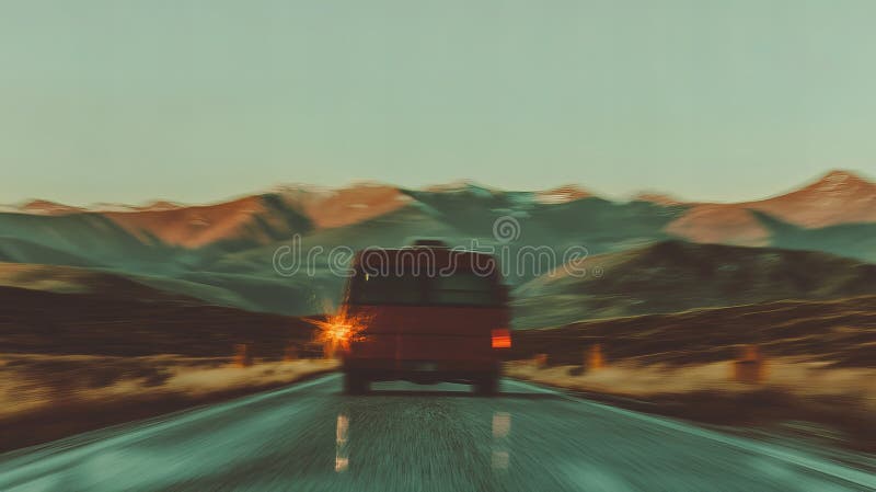 Red Van Traveling on a Scenic Mountain Road during Dawn with a Blurred ...