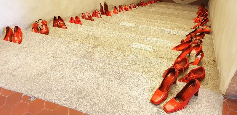 Red, Various Women`s Shoes on the Steps. Stock Photo - Image of ...