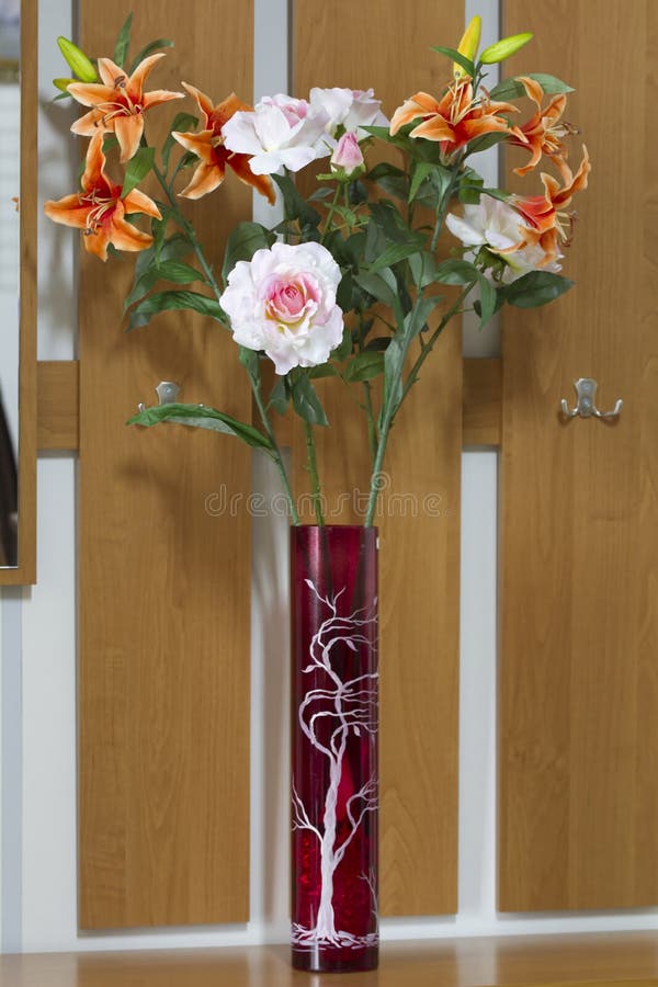 Red vase with flowers. stock image. Image of gift, color - 33262335