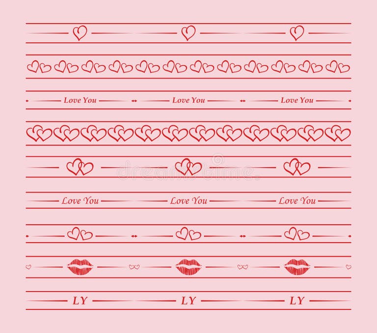 Red Vector Seamless Borders with Hearts and Lips for Romantic Cards ...
