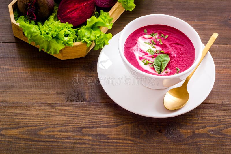 Red Vegetarian Beet Root Soup with Sour Cream and Raw Beets Stock Image ...