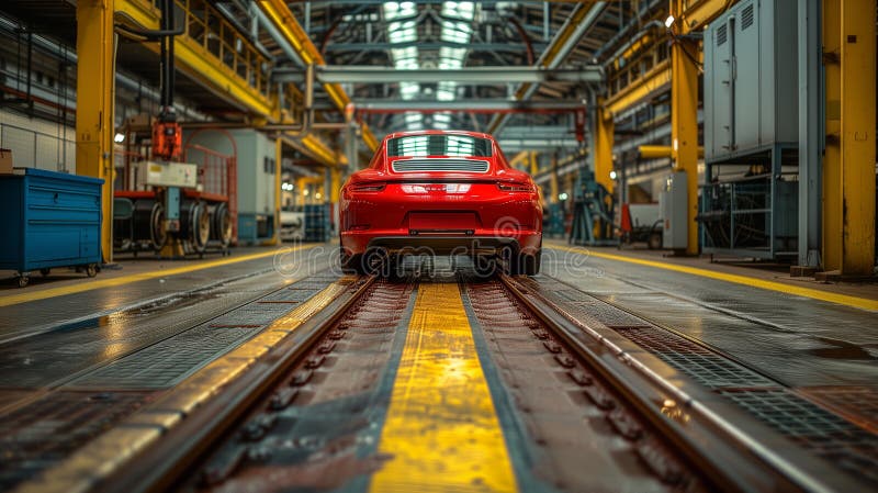 A Red Vehicle is Rolling Down the Train Track in a Factory Stock ...